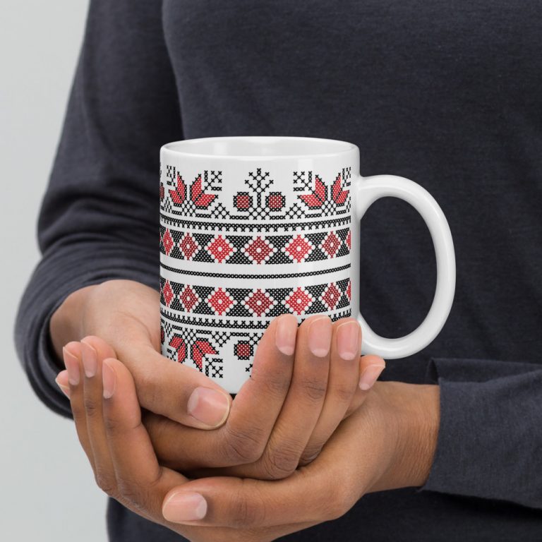 Palestinian Embroidery Pattern#14 Coffee Mug Arabic Folk Tatreez -Red